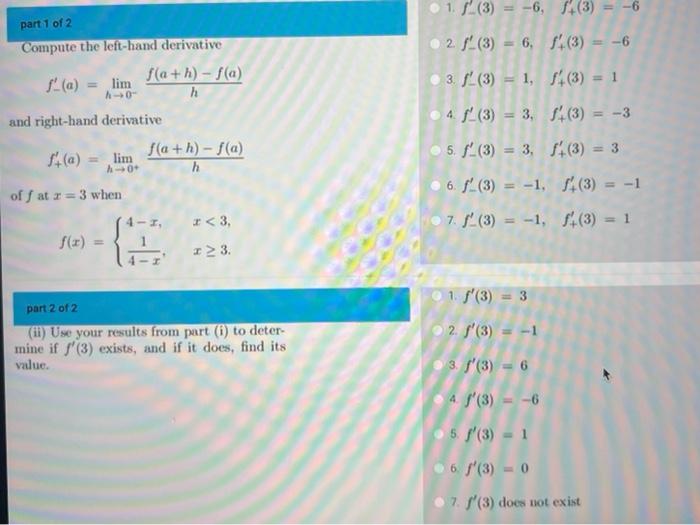 Solved part 1 of 2 Compute the left-hand derivative | Chegg.com