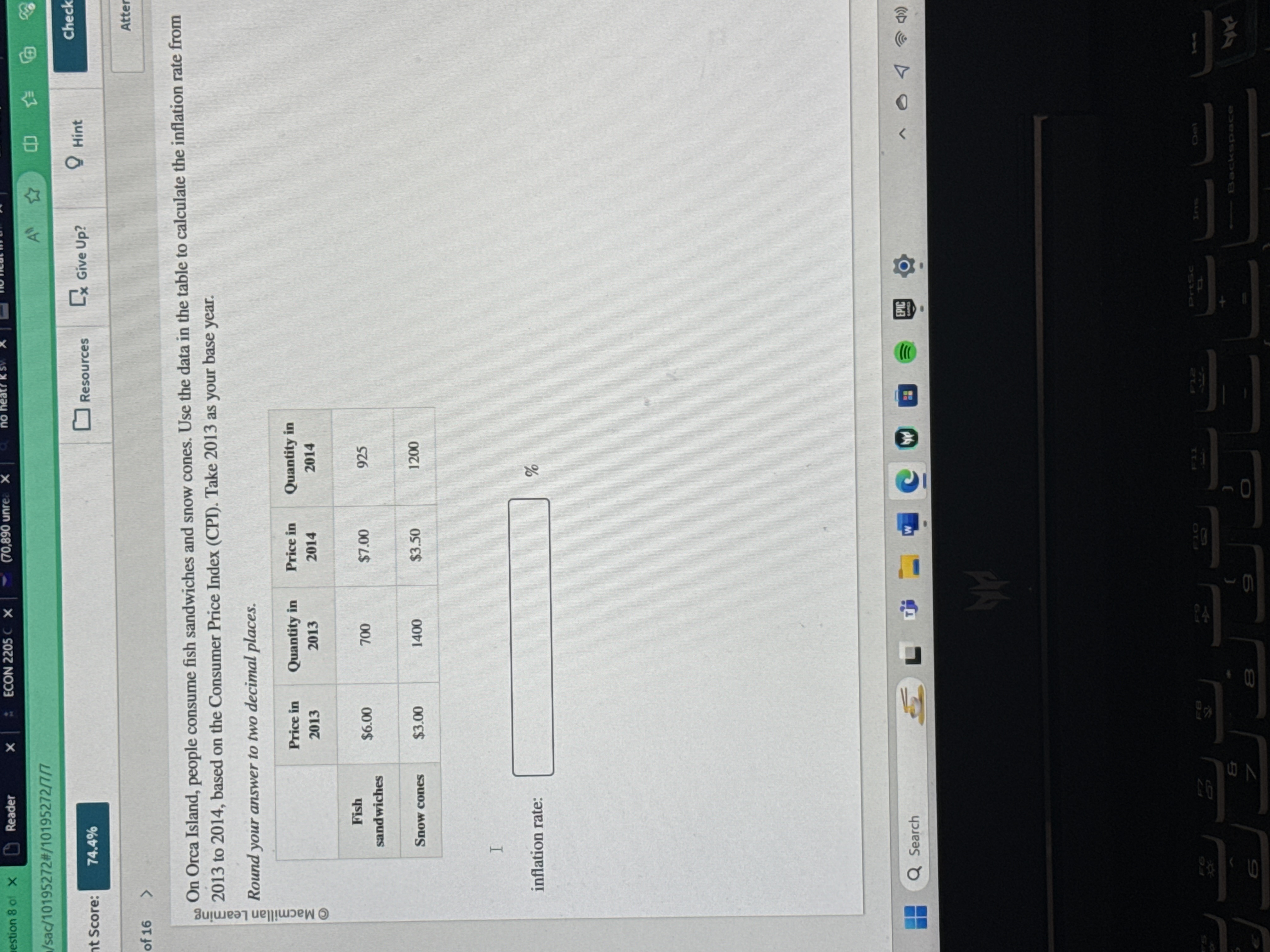 Solved On Orca Island, people consume fish sandwiches and | Chegg.com