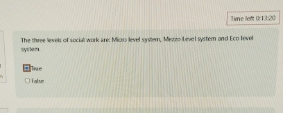 Solved Time left 0:13:20The three levels of social work are: | Chegg.com