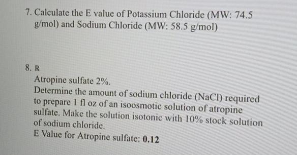 Solved Calculate the E ﻿value of Potassium Chloride (MW: | Chegg.com