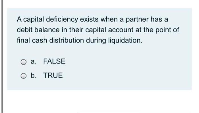 Solved A capital deficiency exists when a partner has a | Chegg.com