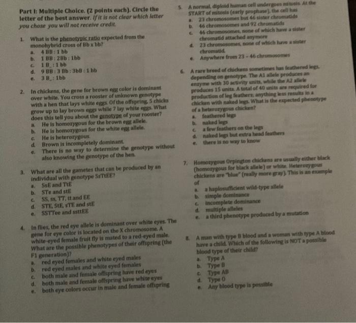 Solved Part l: Muitiple Choice. (2 points each). Circle the | Chegg.com