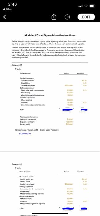 Module 5 Excel Spreadsheet Instructions be atie b ise | Chegg.com