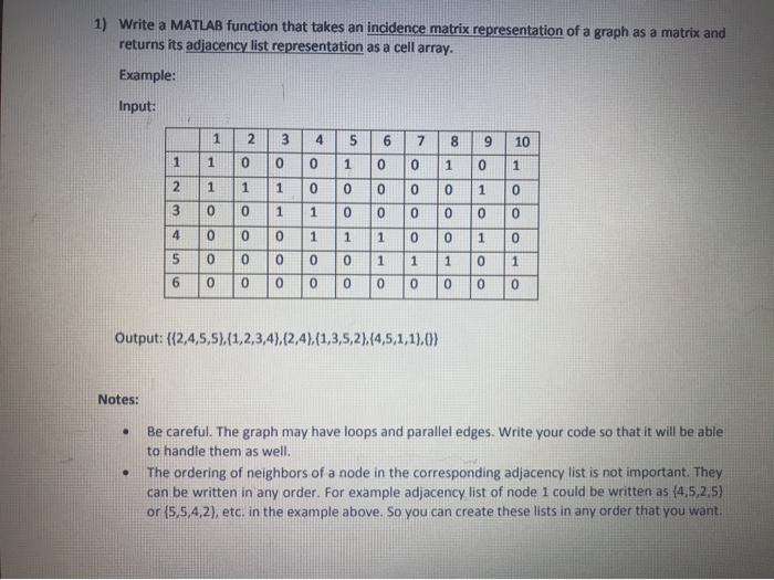 Solved 1) Write a MATLAB function that takes an incidence | Chegg.com