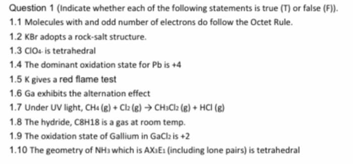 Solved Question 1 (Indicate whether each of the following | Chegg.com