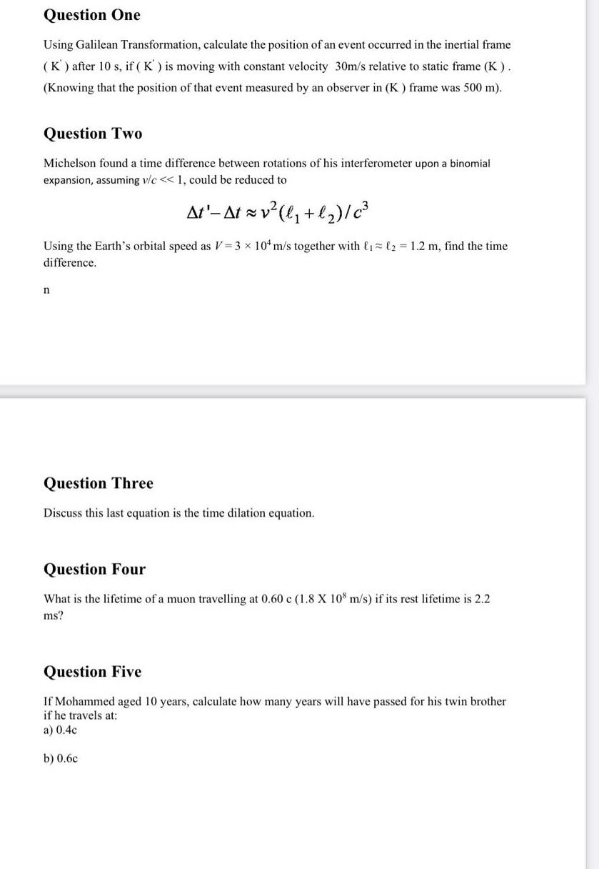 Solved Question One Using Galilean Transformation, calculate | Chegg.com