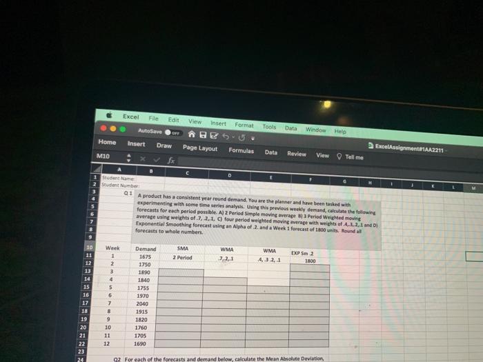 Solved Excel File Edit View Insert Format Tools AutoSave OFF | Chegg.com