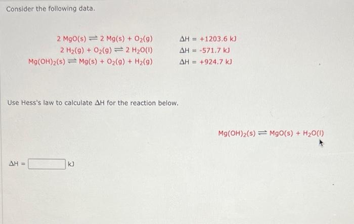 Solved Consider the following data. 2MgO(s)⇌2Mg(s)+O2( | Chegg.com