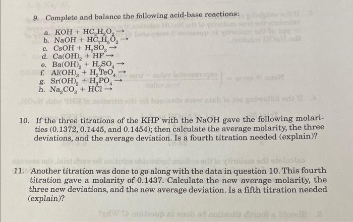 Solved 9. Complete and balance the following acid-base | Chegg.com