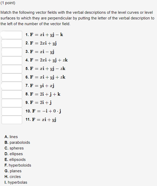 Solved (1 ﻿point)Match the following vector fields with the | Chegg.com