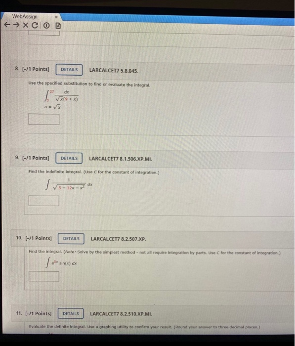 Solved x WebAssign → XCO 8. (-/1 Points) DETAILS LARCALCET7 | Chegg.com