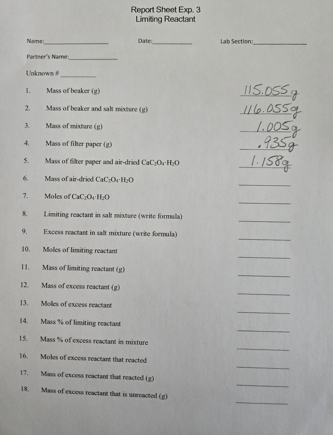Report Sheet Exp. 3Limiting ReactantName: Partner's | Chegg.com
