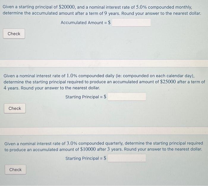 Solved Given a starting principal of $20000, and a nominal | Chegg.com