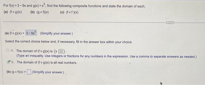 Solved For f(x)=3−9x and g(x)=x3, find the following | Chegg.com