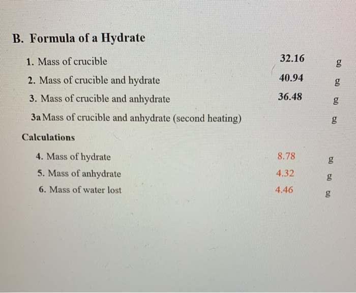Solved B. Formula of a Hydrate 1. Mass of crucible 32.16 g | Chegg.com