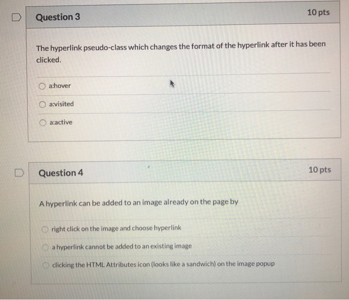 Solved Question 1 10 pts The hyperlink pseudo-class which | Chegg.com