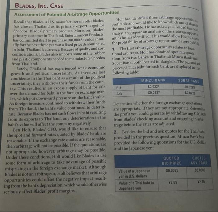 Solved BLADES, INC. CASE Assessment of Potential Arbitrage | Chegg.com