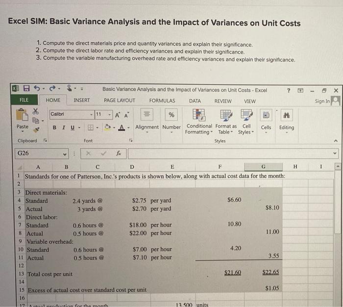 Solved Excel SIM: Basic Variance Analysis and the Impact of | Chegg.com