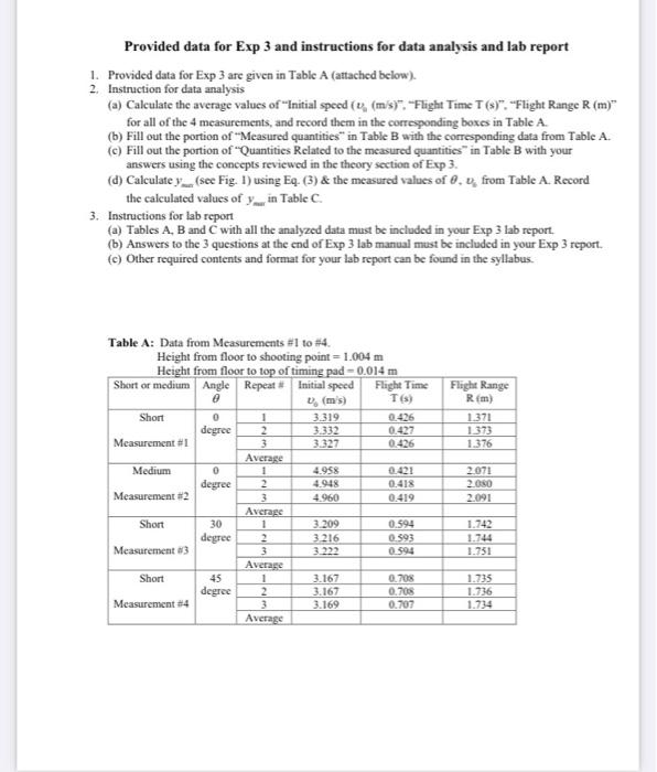 Solved Provided data for Exp 3 and instructions for data | Chegg.com