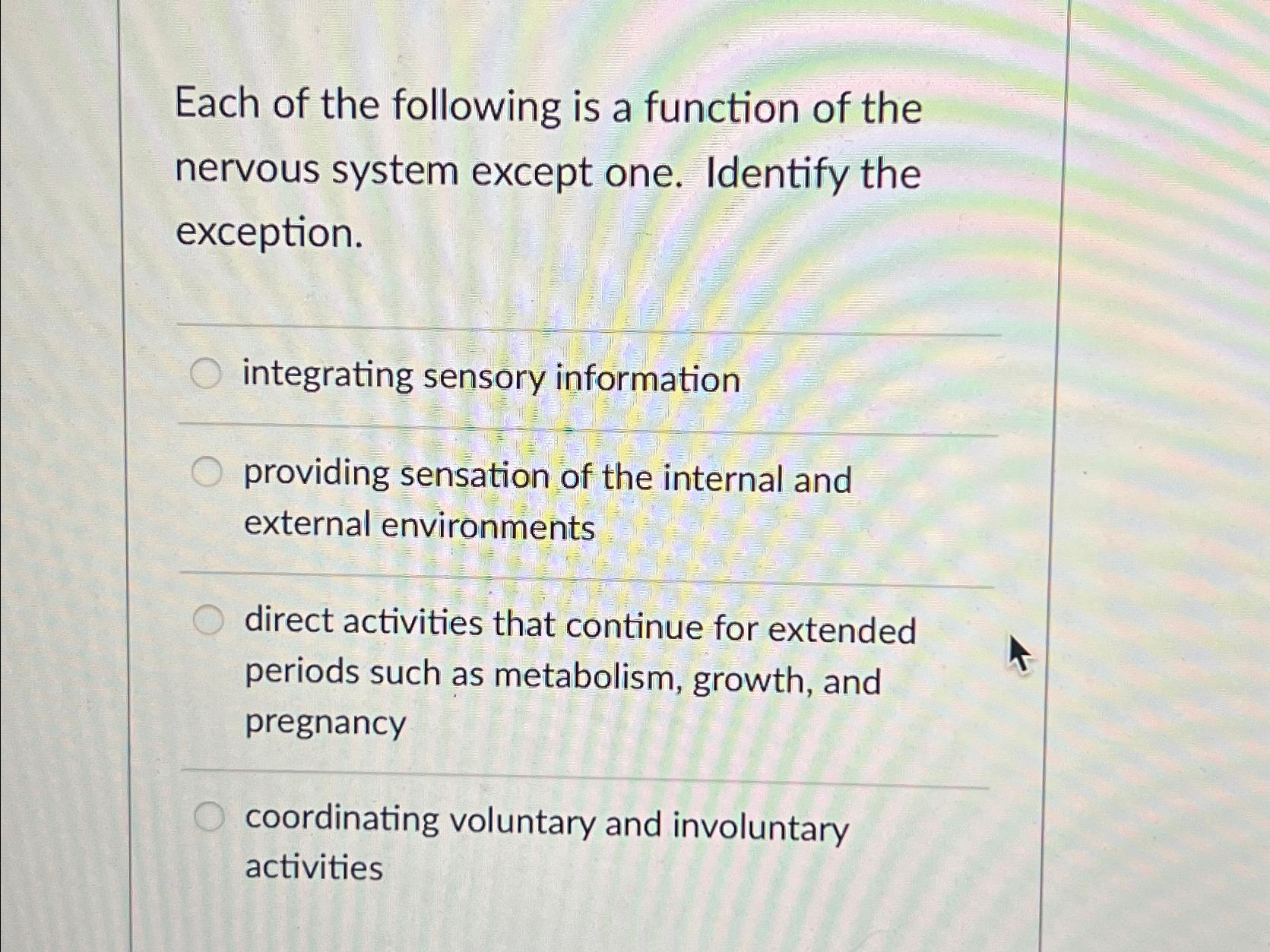 Solved Each of the following is a function of the nervous | Chegg.com