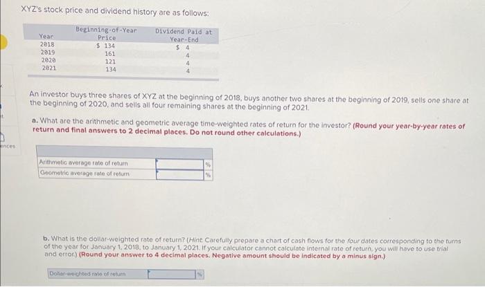 Solved XYZ's stock price and dividend history are as | Chegg.com
