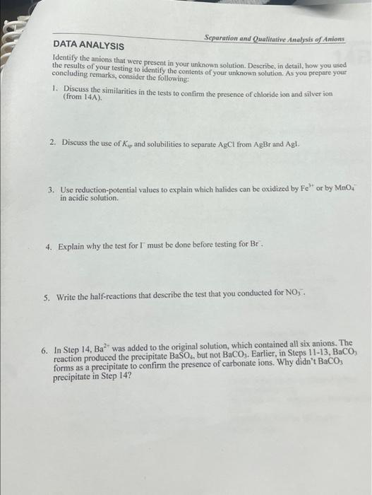 Solved Separation and Qualitative Analysis of Anions DATA | Chegg.com