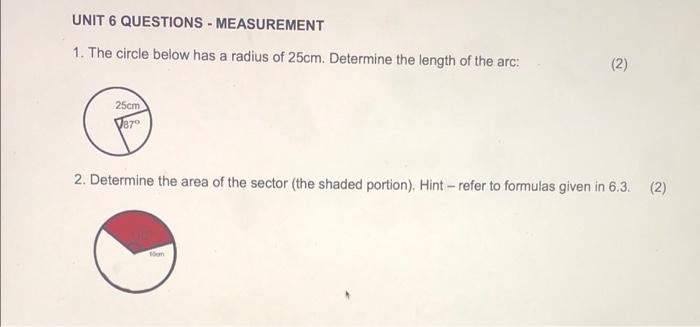 Solved UNIT 6 QUESTIONS - MEASUREMENT 1. The circle below | Chegg.com