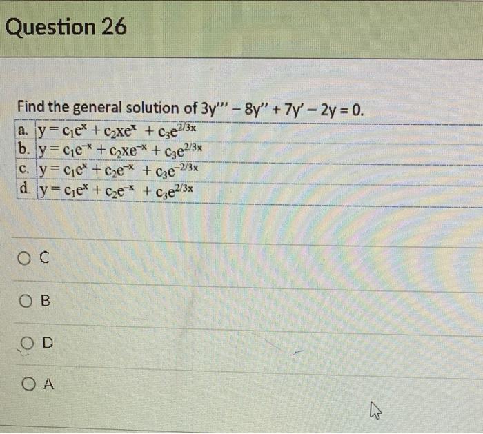 Solved Find the general solution of 3y′′′−8y′′+7y′−2y=0. a. | Chegg.com