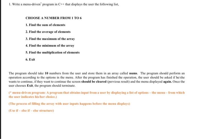 Solved 1. Write a menu-driven" program in C++ that displays | Chegg.com