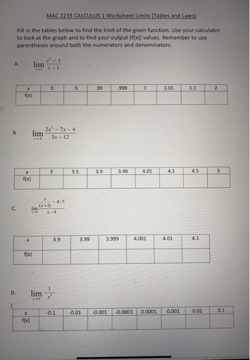 Solved MAC 2233 CALCULUS 1 Worksheet Limits Tables and Laws) | Chegg.com