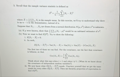 Solved Recall that the sample variance statistic is defined | Chegg.com