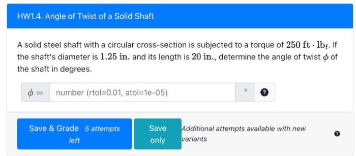 Solved HW1.4. Angle of Twist of a Solid Shaft A solid steel | Chegg.com
