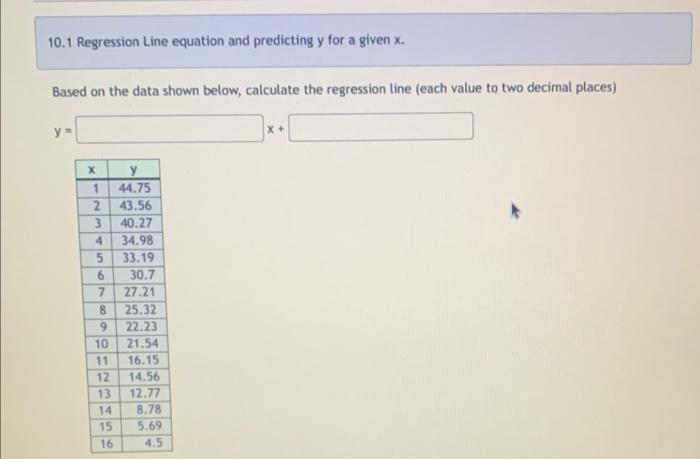 Solved 10.1 Regression Line equation and predicting y for a | Chegg.com