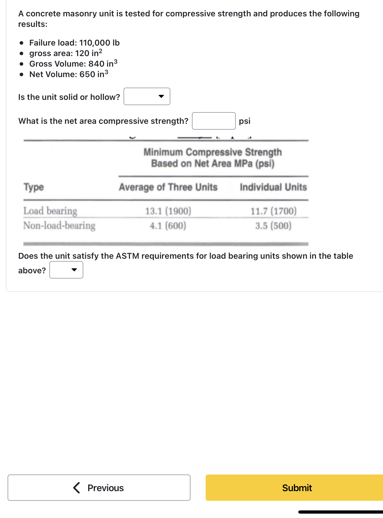 Solved A concrete masonry unit is tested for compressive | Chegg.com