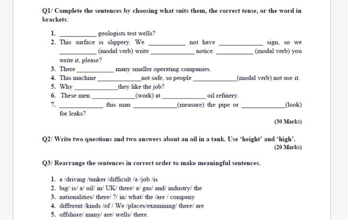 Q1/ Complete the sentences by choosing what suits | Chegg.com