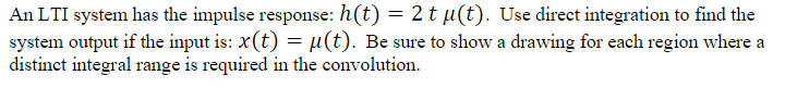 Solved An LTI system has the impulse response: h(t)=2tμ(t). | Chegg.com