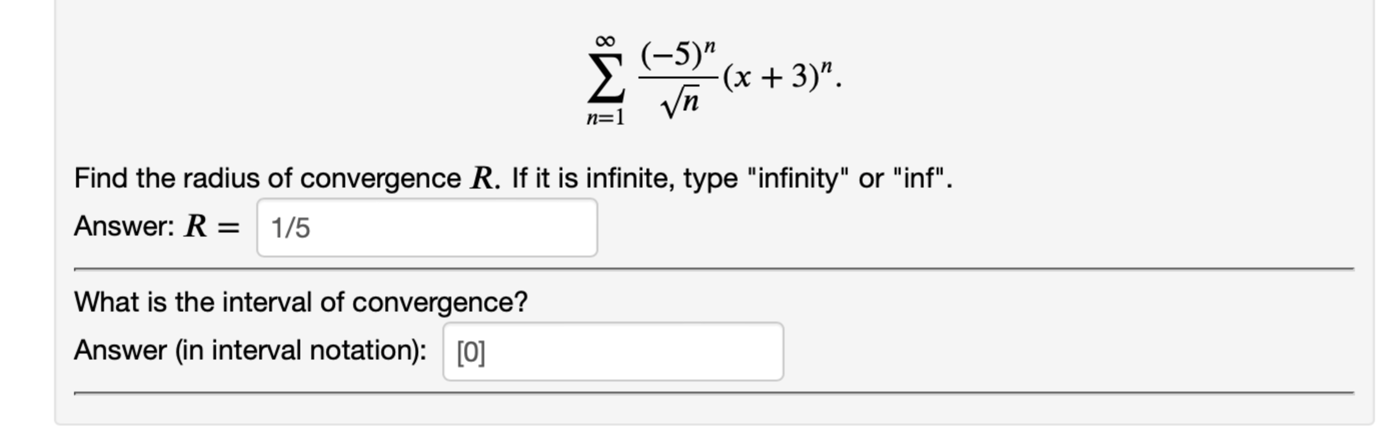 Solved ∑n=1∞(-5)nn2(x+3)nFind the radius of convergence R. | Chegg.com