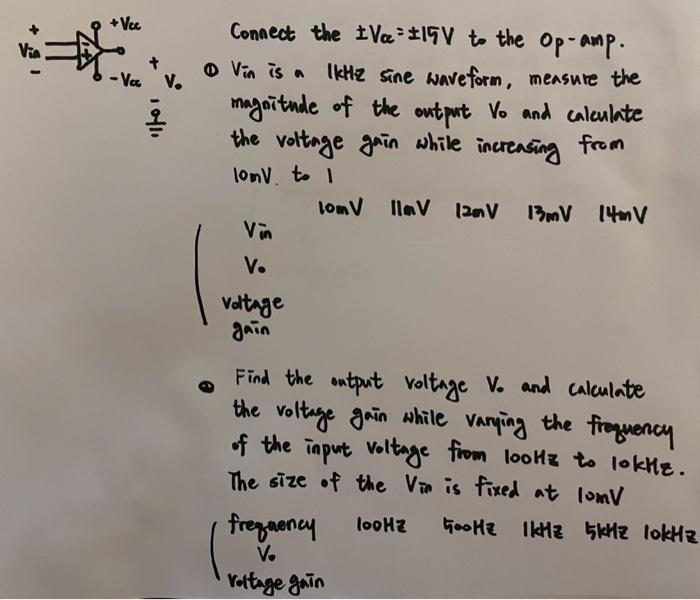 Solved Connect the ±Vαc=±15V to the op-amp. - Vin is a | Chegg.com