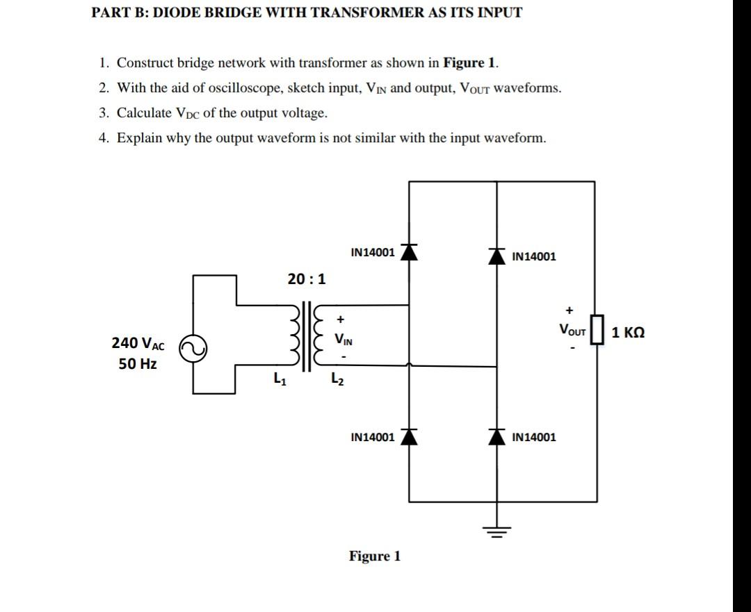 Solved PART B: DIODE BRIDGE WITH TRANSFORMER AS ITS INPUT 1. | Chegg.com