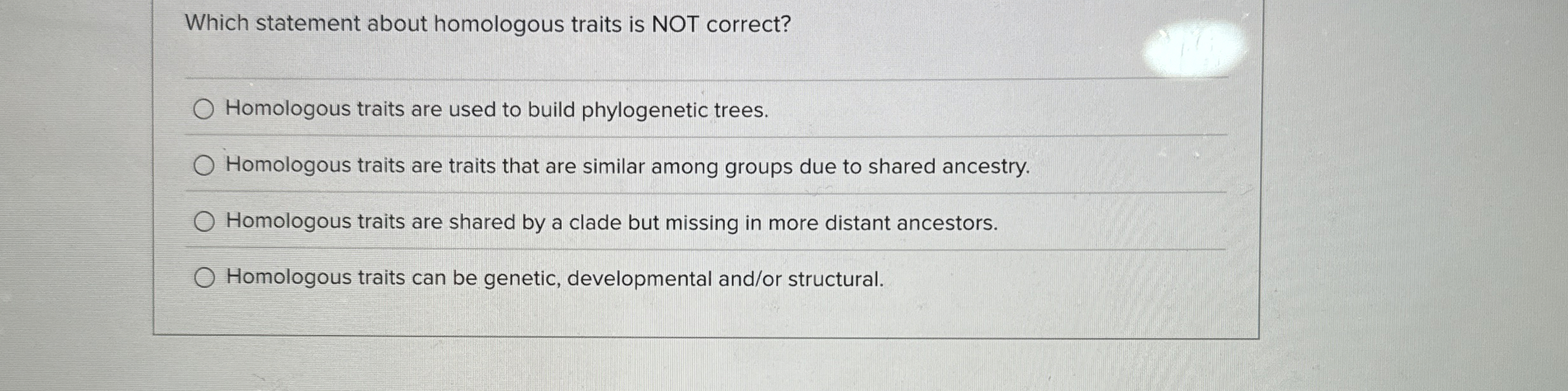 Solved Which statement about homologous traits is NOT | Chegg.com