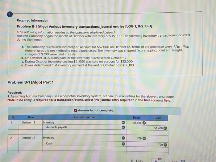 Solved Required information Problem 8-1 (Algo) Various | Chegg.com