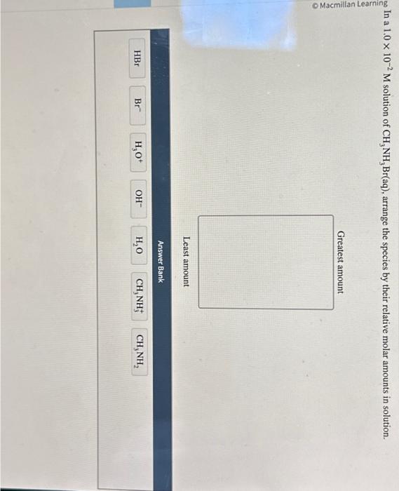 Solved In a 1.0×10−2M solution of CH3NH3Br(aq), arrange the | Chegg.com