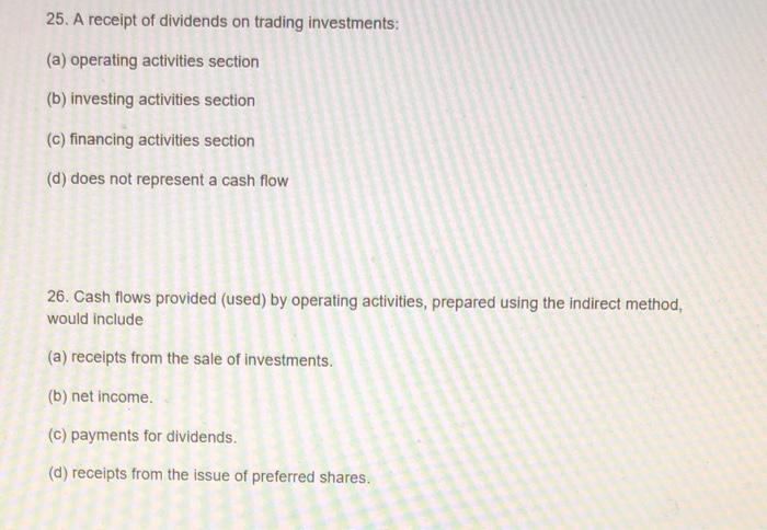 Solved 25. A receipt of dividends on trading investments: | Chegg.com