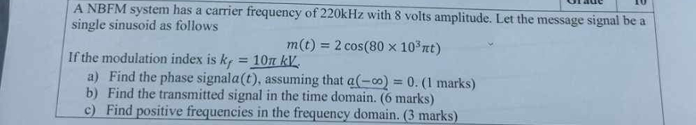 Solved A NBFM system has a carrier frequency of 220kHz ﻿with | Chegg.com