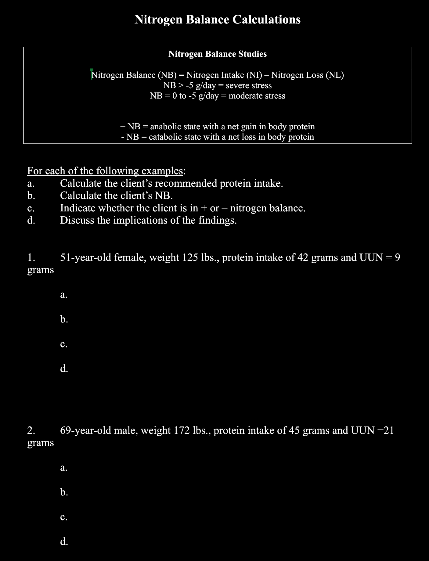 Solved Nitrogen balance calculation | Chegg.com