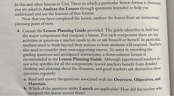 In this and other lessons in Unit Three in which a | Chegg.com
