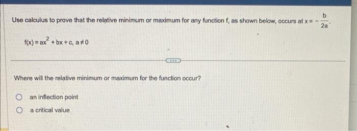Solved Use calculus to prove that the relative minimum or | Chegg.com