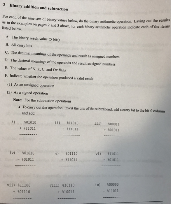 Solved 2 Binary addition and subtraction For each of the | Chegg.com