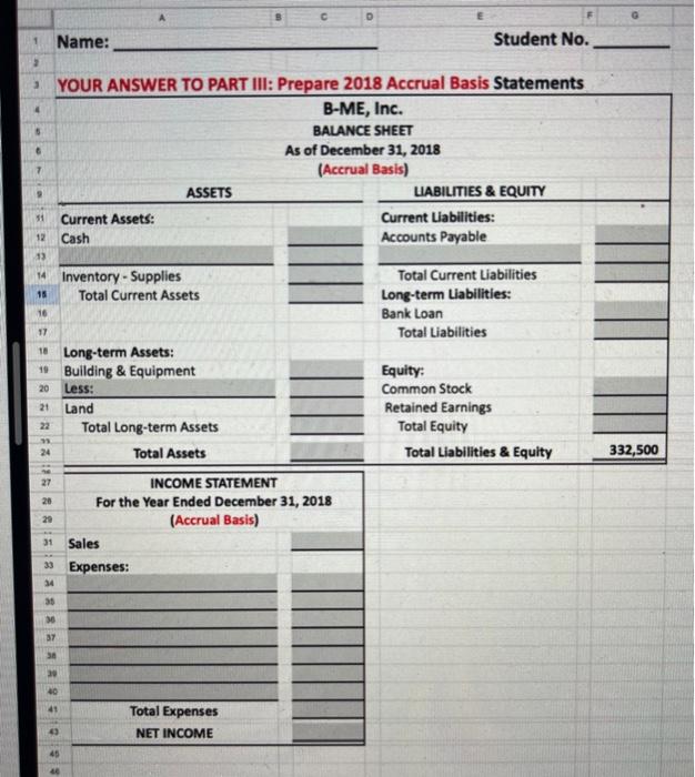 Solved YOUR ANSWER TO PART I: Cash Basis Financials for | Chegg.com