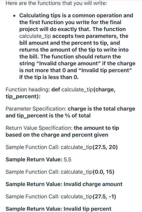 Solved import random def calculate tip(charge, tip_percent): | Chegg.com